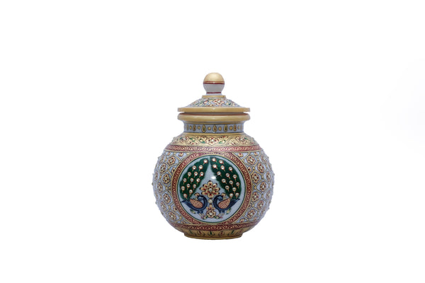 Marble Matka With Peacock Design - The Star Murti Museum